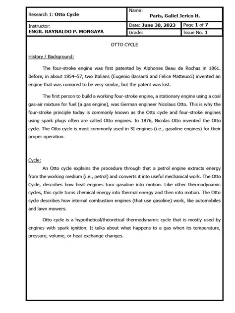 Research 1 Otto Cycle Pdf Internal Combustion Engine Engines