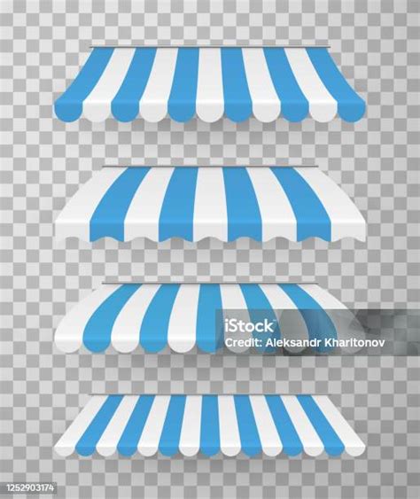 파란색 차양 이차 커버 리얼 한 세트 줄무늬 서커스 지붕 오버행 윤곽 선쉐이드 차양에 대한 스톡 벡터 아트 및 기타 이미지 차양 파란색 상점 Istock