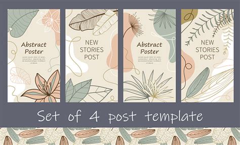 꽃 이국적인 잎과 기하학적 요소4 유행 추상 미술 템플릿세트 배너 디자인 게시물 모바일 앱 소셜 미디어 및 웹 광고에 적합합니다 패션 배경 기하 도형에 대한 스톡 벡터 아트