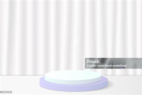 흰색 커튼의 배경에 현실적인 흰색파란색 3d 원통형 연단 받침대 3차원 형태에 대한 스톡 벡터 아트 및 기타 이미지 3차원 형태 무대 커튼 Istock