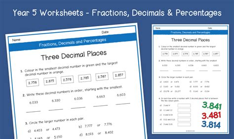 Year 5 Three Decimal Places Worksheets Ks2 Fractions Decimals And Percentages Primary Maths