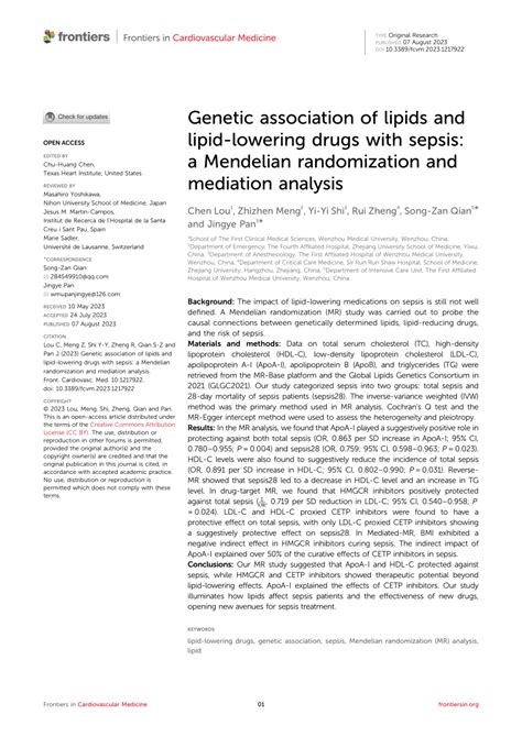 Pdf Genetic Association Of Lipids And Lipid Lowering Drugs With Sepsis A Mendelian
