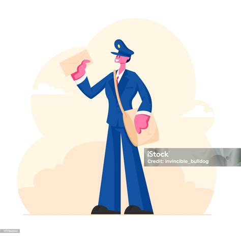 어깨에 가방을 들고 유니폼과 모자를 입고 쾌활한 우체부 캐릭터 손에 편지 사람들에게 메일을 배달 하는 남자 또는 우편 배달 직업 직업 만화 평면 벡터 일러스트 배달에 대한