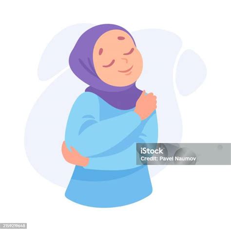 무슬림 여자 캐릭터 포옹 자신 보살핌 와 보여주다 중요성 의 Oneself 벡터 일러스트 감정에 대한 스톡 벡터 아트 및 기타