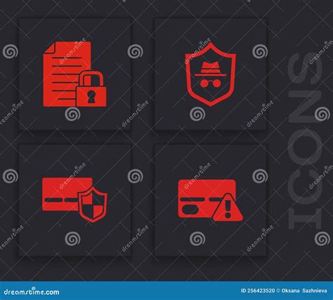 Set Credit Card Document And Lock Incognito Mode And With Shield Icon Vector Stock