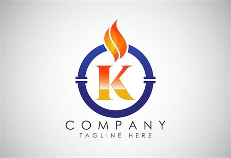 화재 불꽃과 파이프 석유 및 가스 산업 로고 디자인 컨셉이 있는 영어 알파벳 K 프리미엄 벡터