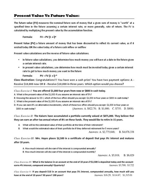 Present Value Vs Future Value Exercises Pdf Present Value Interest