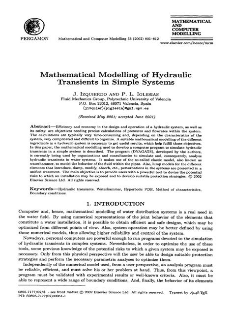Mathematical Modelling Of Hydraulic Transients In Simple Systems Pdf Computer Simulation