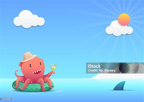 귀여운 빨간 문 어 들고 칵테일 여름 푸른 바다 여름 휴가 개념에서에서 녹색 팽창 식 수영 반지에 잔 벡터 일러스트 레이 션 만화에 대한 스톡 벡터 아트 및 기타 이미지