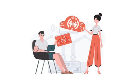 소녀와 남자는 사물 인터넷 분야의 팀입니다 Iot 및 자동화 개념 프리젠 테이션 및 웹 사이트에 좋습니다 플랫 스타일의 벡터 일러스트레이션입니다 개념 실재론에 대한 스톡