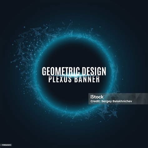 어두운 배경에 기하학적 입자를 비행에서 기하학적 중력 빛나는 배너 연결 된 삼각형 고 빛나는 먼지입니다 디자인에 대 한 과학적 배경입니다 벡터 일러스트입니다 Eps 10