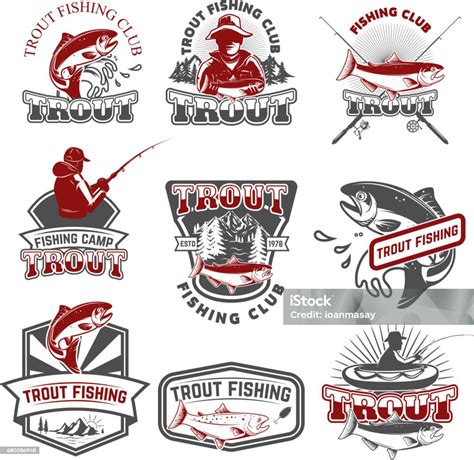 송어 낚시 엠 블 럼은 흰색 배경에 고립의 집합입니다 요소 레이블 엠 블 럼 포스터 T셔츠를 디자인 벡터 일러스트입니다 연어 해산물에 대한 스톡 벡터 아트 및 기타 이미지