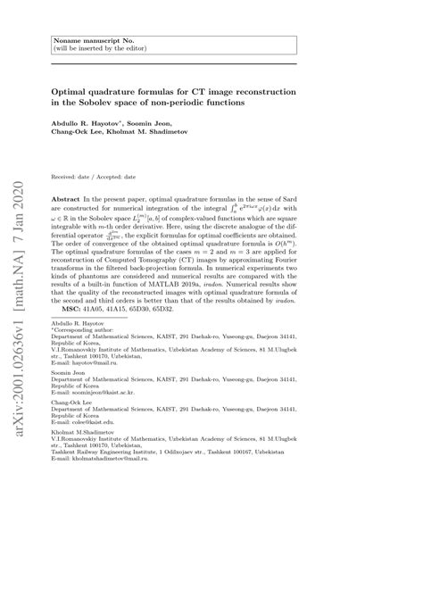 Pdf Optimal Quadrature Formulas For Ct Image Reconstruction In The Sobolev Space Of Non