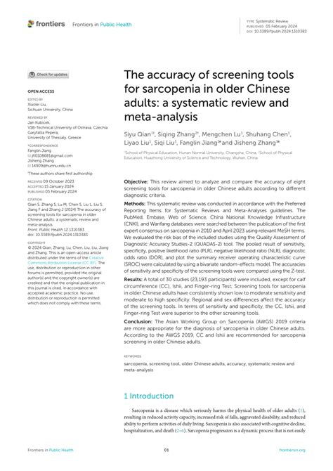 Pdf The Accuracy Of Screening Tools For Sarcopenia In Older Chinese Adults A Systematic