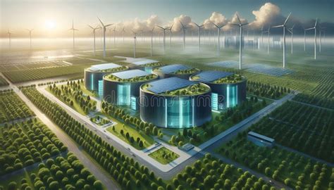 Futuristic Eco Friendly Data Center Complex With Solar Panels And Wind