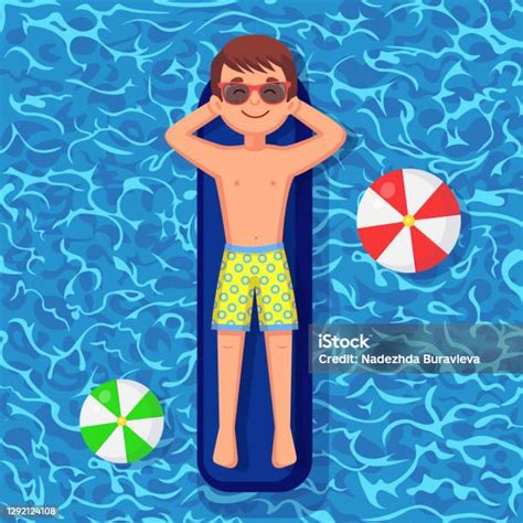 스마일 맨은 수영장에서 에어 매트리스에 태닝 수영 물 배경에 고립 된 장난감에 떠있는 캐릭터 팽창식 원입니다 여름 방학 휴가 여행 시간 공 스포츠 장비에 대한 스톡 벡터