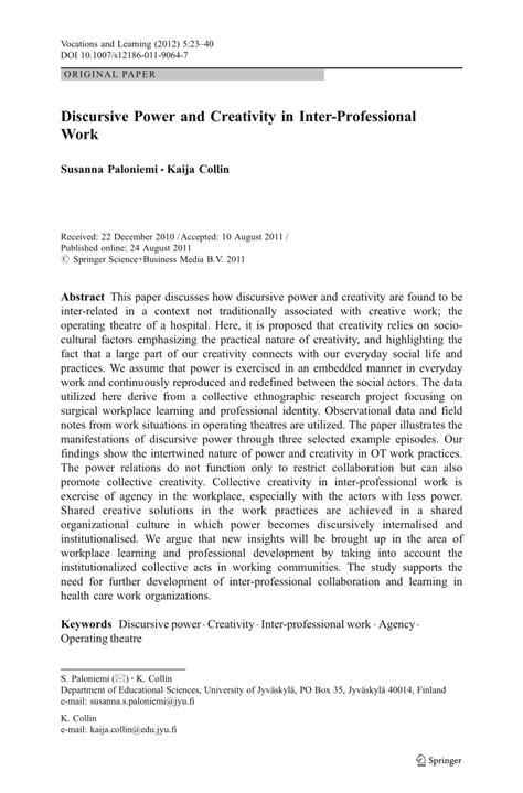 Pdf Discursive Power And Creativity In Inter Professional Work
