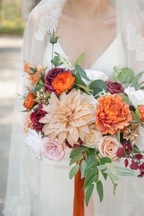 Small Cascade Bridal Bouquet In Sunset Terracotta Orange Wedding