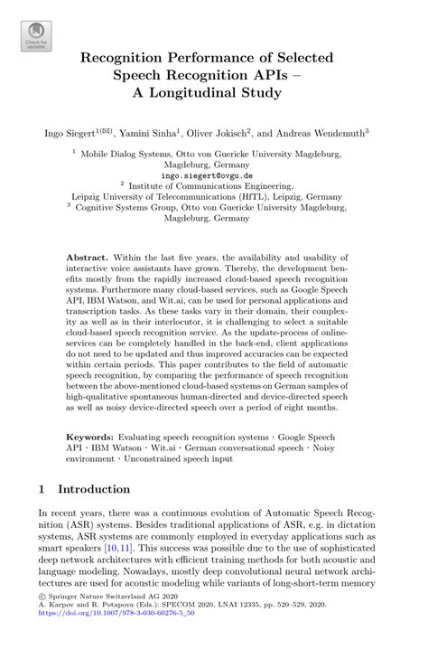 Pdf Recognition Performance Of Selected Speech Recognition Apis A