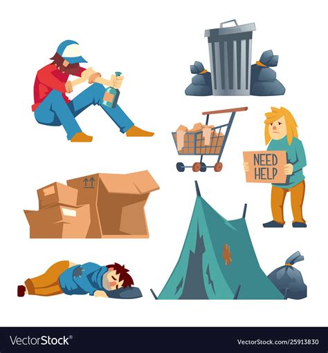 Homeless People Cartoon Characters Set Royalty Free Vector
