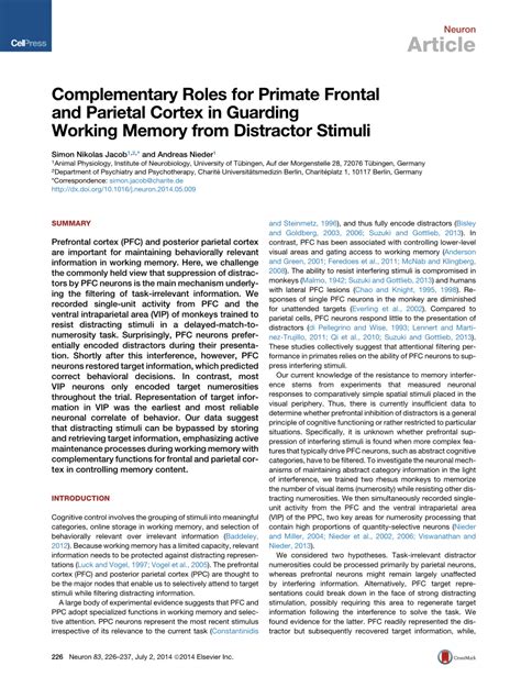 Pdf Complementary Roles For Primate Frontal And Parietal Cortex In Guarding Working Memory