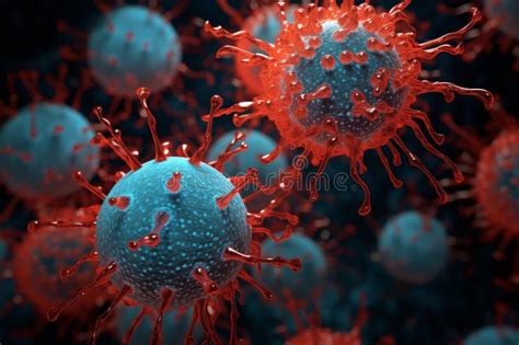 Detailed 3d Rendering Of Virus Particles In Red And Blue Depicting A