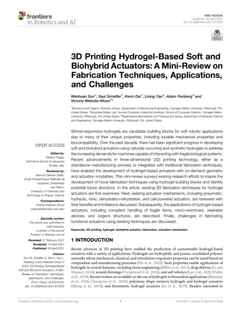 Pdf 3d Printing Hydrogel Based Soft And Biohybrid Actuators A Mini Review On Fabrication
