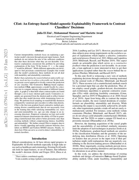 Pdf Cent An Entropy Based Model Agnostic Explainability Framework To Contrast Classifiers