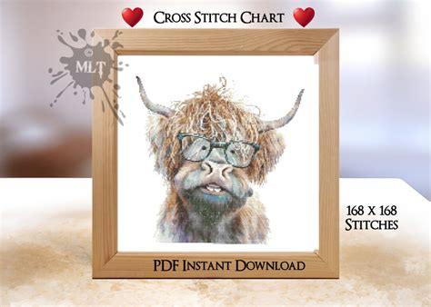 Highland Cow Counted Cross Stitch Chart Instant Pdf Download Coloured