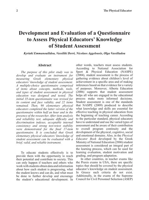 Pdf Development And Evaluation Of A Questionnaire To Assess Physical Educators Knowledge Of