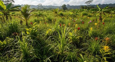 Lush Tropical Meadow With Vibrant Wildflowers And Banana Plants Under A