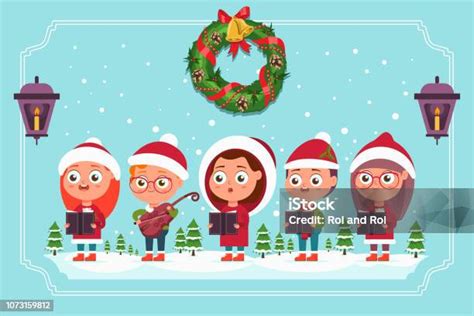 크리스마스의 캐롤 바이올린과도 서와 함께 산타 모자에서 귀여운 꼬마 합창단 벡터 만화 그림 겨울 풍경에 격리입니다 공휴일에 대한 스톡 벡터 아트 및 기타 이미지 Istock