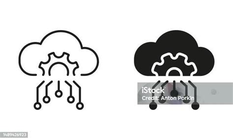 클라우드 컴퓨팅 구성 라인 및 실루엣 아이콘 세트 클라우드 서버 설정 픽토그램 기어가 있는 디지털 클라우드 구성 기호 컬렉션 격리된 벡터 그림 클라우드 컴퓨팅에 대한 스톡