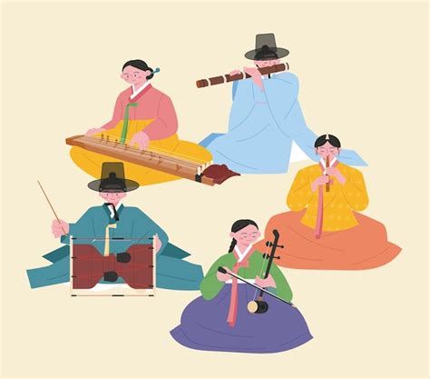 Premium Vector Korean Traditional Music Quartet People Wearing Hanbok Are Playing Gayageum