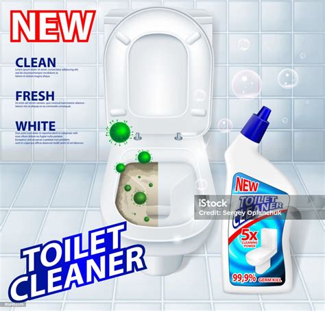 화장실 항균 세제 클리너 광고 포스터 녹색 미생물 및 비누 거품을 포함 하 여 현실적인 화장실 청소기 젤 플라스틱 패키지입니다 3 차원 벡터 일러스트 레이 션 청소부에 대한