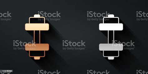 검은 색 배경에 고립 된 골드와 실버 아령 아이콘 근육 리프팅 피트니스 바벨 스포츠 장비 긴 그림자 스타일 벡터 강철에 대한 스톡 벡터 아트 및 기타 이미지 Istock