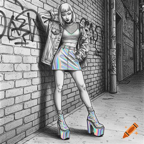 A Black And White Sketch Of A Stylish Young Woman In A Denim Jacket And A Holographic Skirt And