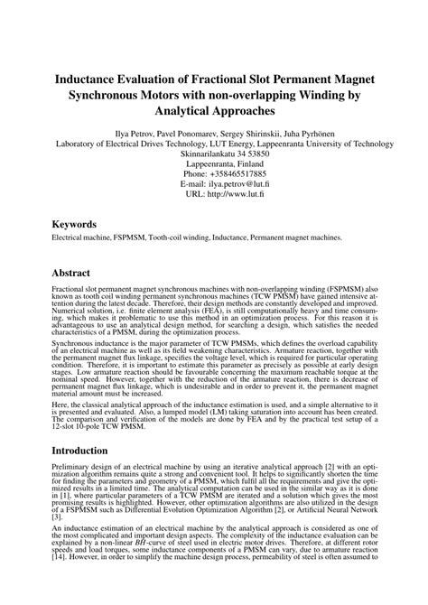 Pdf Inductance Evaluation Of Fractional Slot Permanent Magnet Synchronous Motors With Non