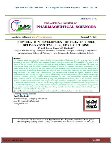 Formulation Development Of Floating Drug Delivery System Fdds For Lafutidine C V S Raghu Kiran