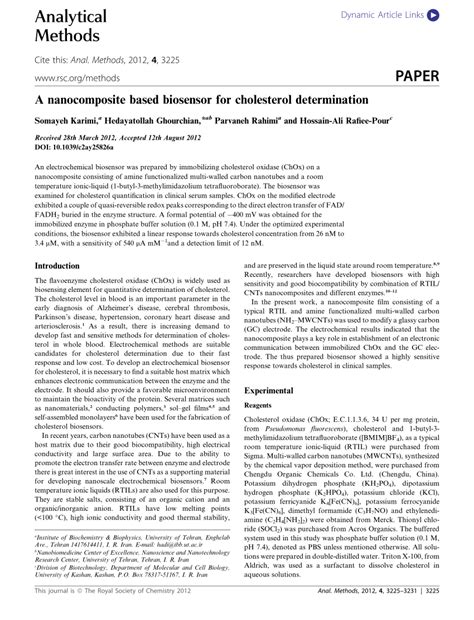 Pdf A Nanocomposite Based Biosensor For Cholesterol Determination Published In Analytical