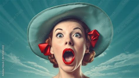 Retro Inspired Portrait Of A Surprised Woman With Vivid Red Lips And A