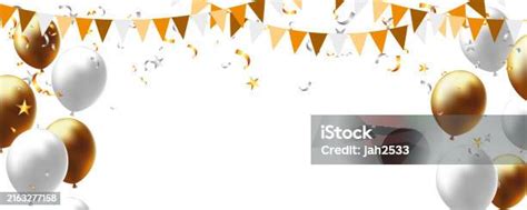 금색과 은색 풍선 색종이 조각 리본 삼각형 페넌트 체인 벡터 일러스트 레이 션 공휴일에 대한 스톡 벡터 아트 및 기타 이미지 공휴일 금색 금속의 Istock