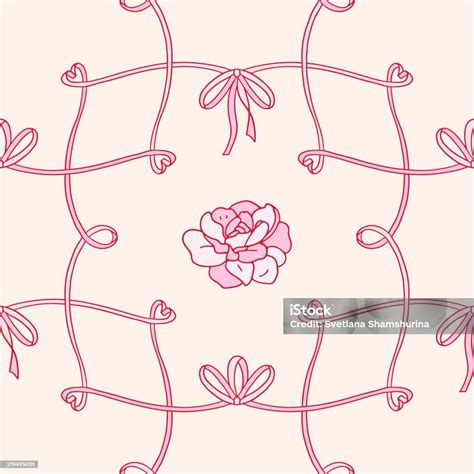 복고풍 요괴 리본 활 및 하트 모양의 루프가 있는 완벽 한 패턴 벡터 빈티지 배경 벽지 발렌타인 데이를 위한 여성스러운 요염한 미학 0명에 대한 스톡 벡터 아트 및 기타