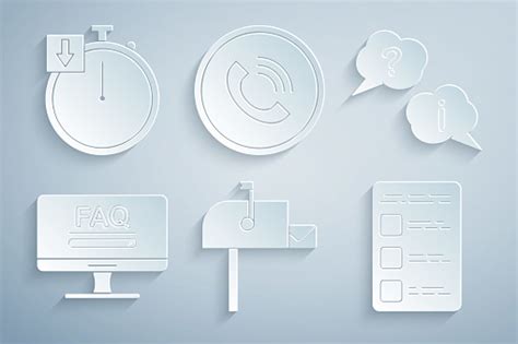 오픈 사서함 질문 및 느낌표 설정 Faq 정보 모니터 계정 화면 모바일 만들기 전화 통화 및 Stopwatch 아이콘 벡터 3차원 형태에 대한 스톡 벡터 아트 및 기타