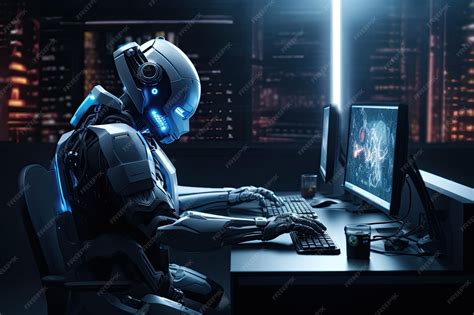 Premium Photo Robot Working On Desktop Computer In Dark Office 3d Rendering Humanoid Robot