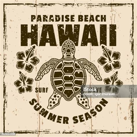 하와이 파라다이스 비치 벡터 빈티지 엠블럼 레이블 배지 또는 거북이 상위 뷰가 있는 로고 그런 지 텍스처와 프레임 벡터 그림이