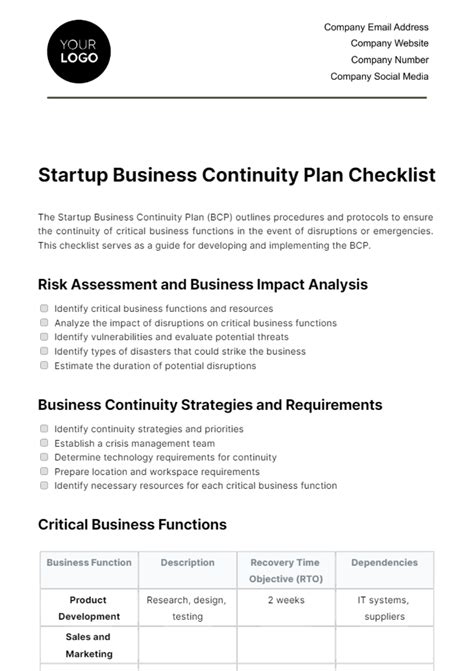 Free Startup Business Continuity Plan Checklist Template To Edit Online
