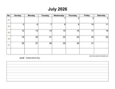 2026 Printable July Calendar With Space For Appointments Horizontal