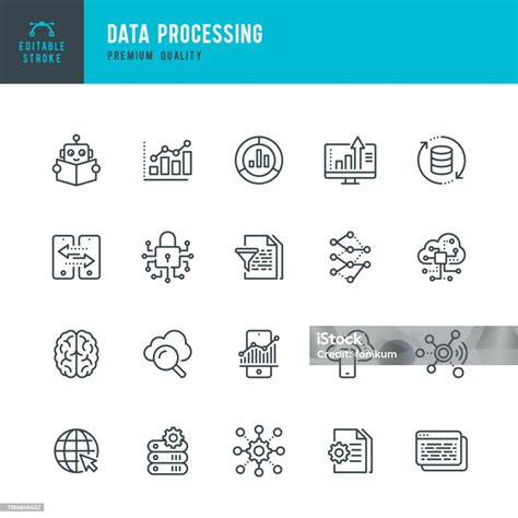 Data Processing Thin Line Vector Icon Set Editable Stroke Pixel Perfect