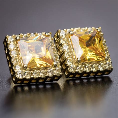 14k Gold Plated Canary Yellow Cz Square Earrings